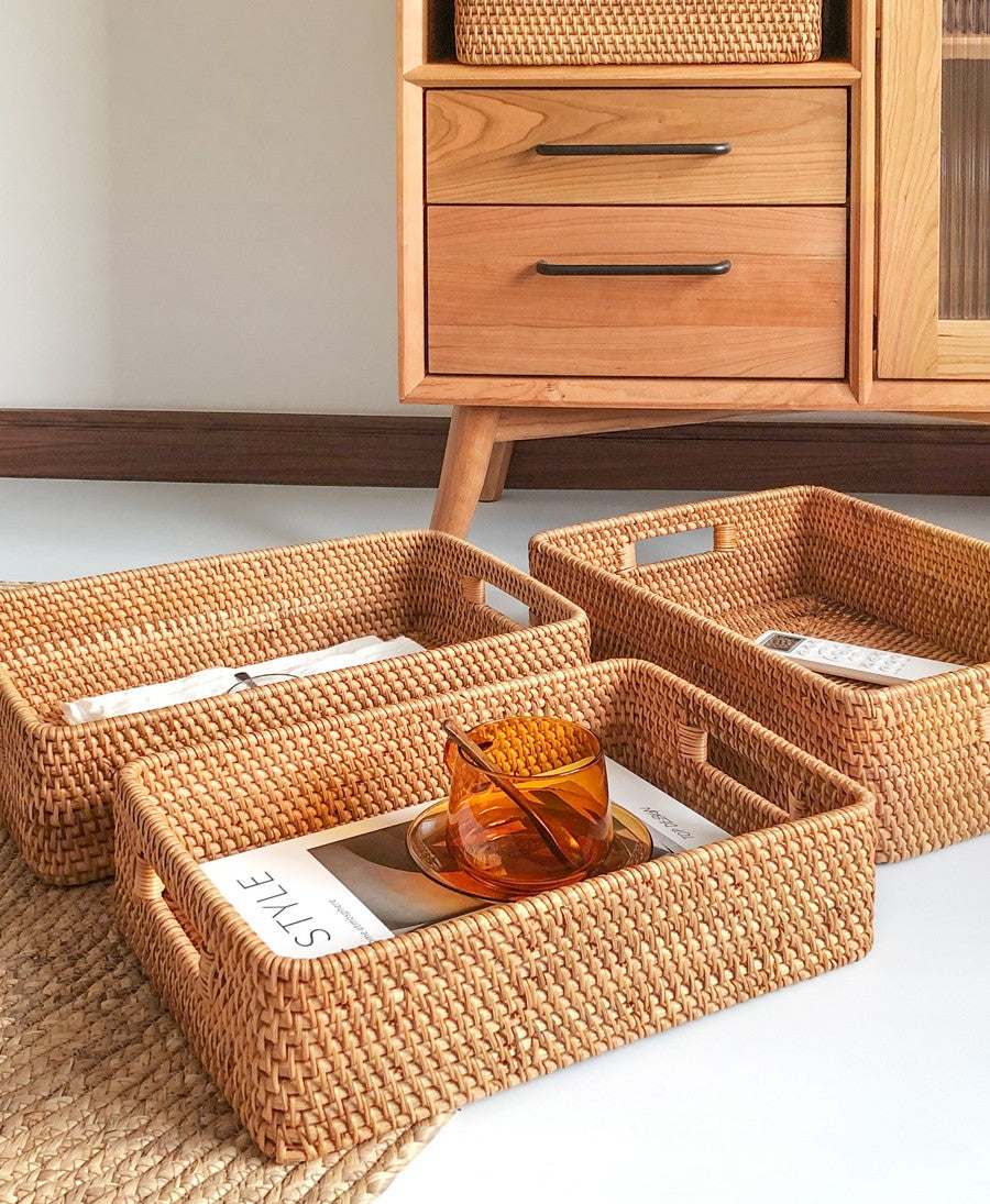 Woven Rectangular Basket with Handle, Rattan Storage Basket for Shelve ...